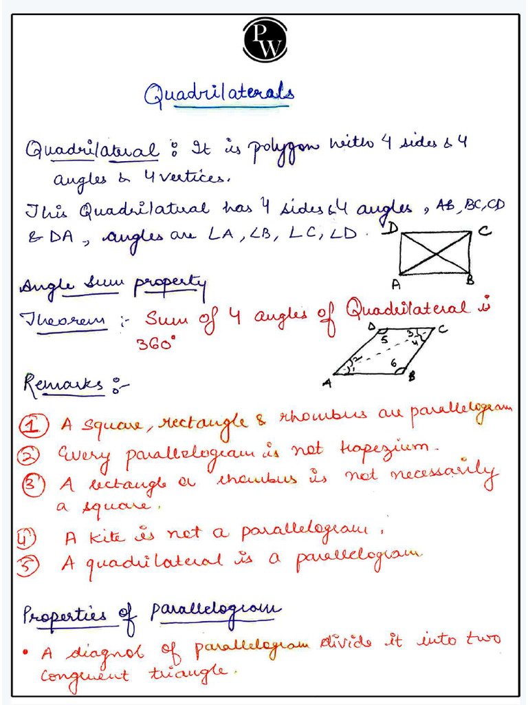 Quadrilaterals Handwritten Notes Pdf