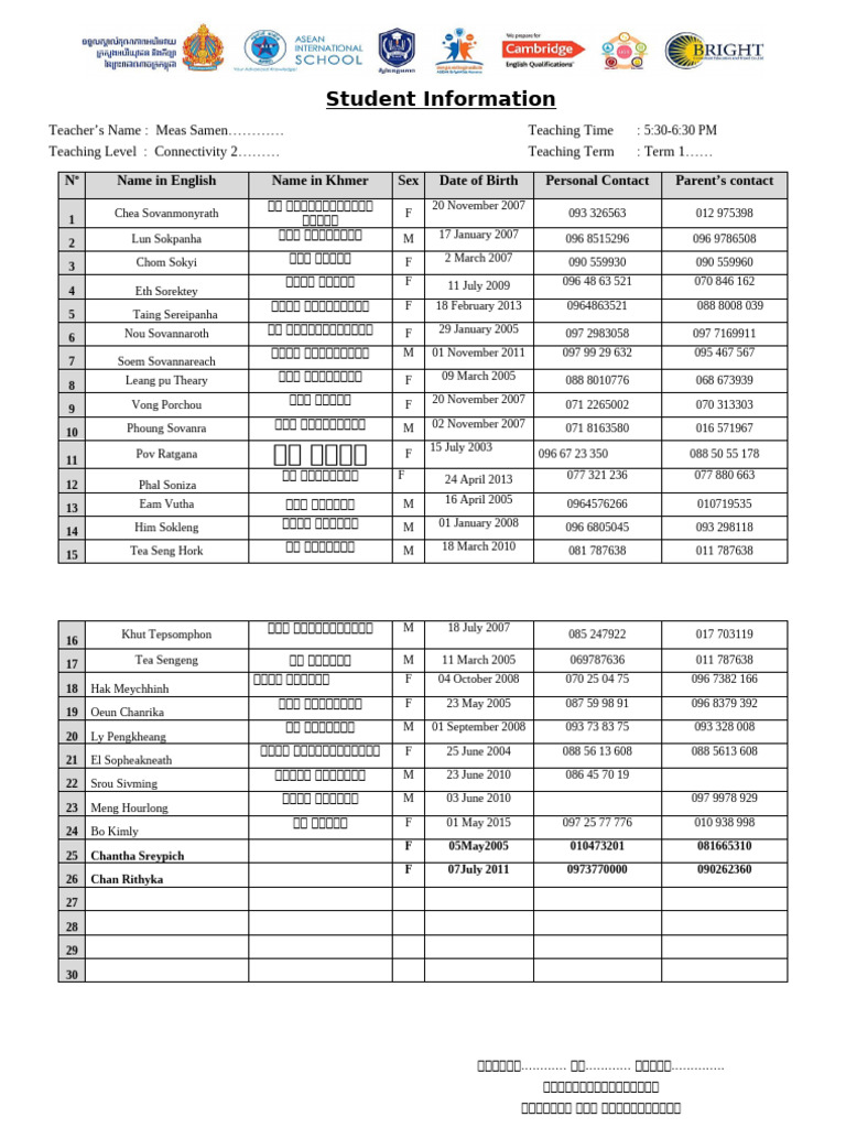 Students Information - 2024 Sample TTO | PDF