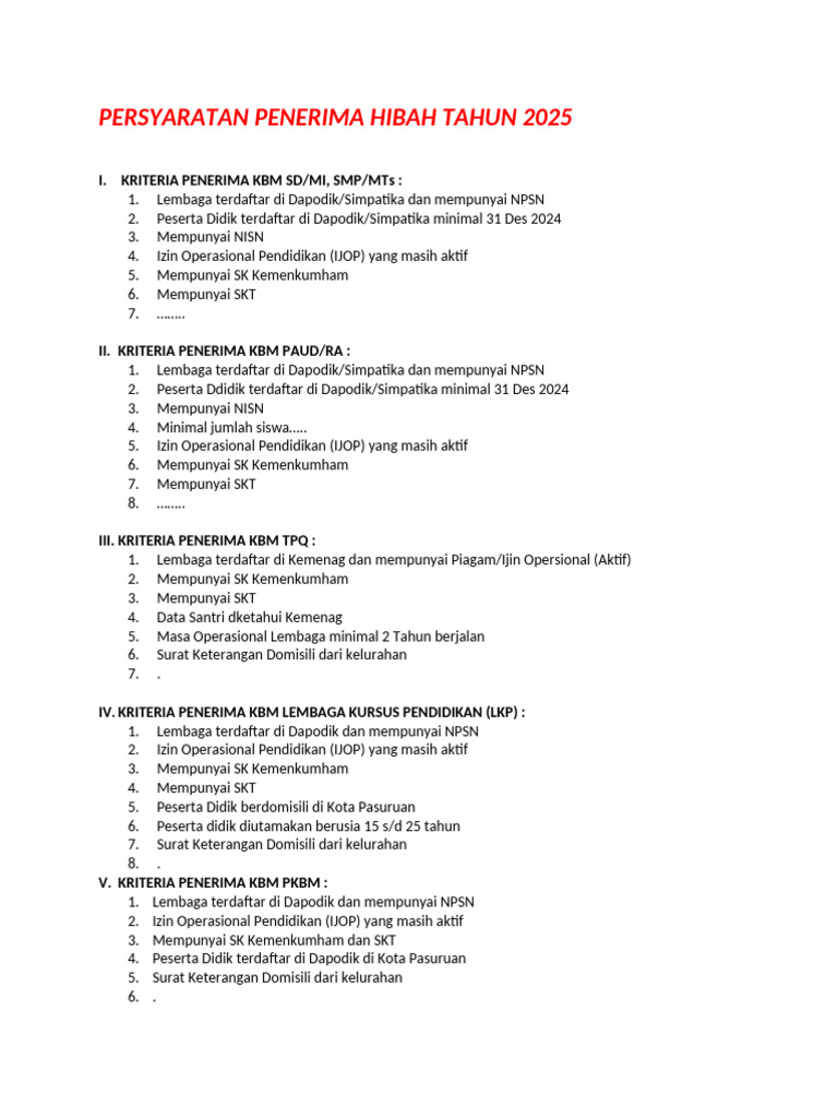 DRAFT Kriteria - SOP Hibah | PDF