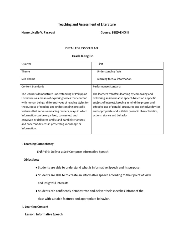 Detailed Lesson Plan For Grade 8-English (Jicelle Para-Asi) | PDF ...