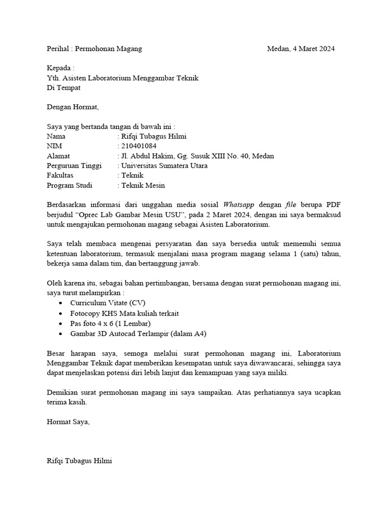 Surat Lamaran Magang Gambar-Rifqi | PDF