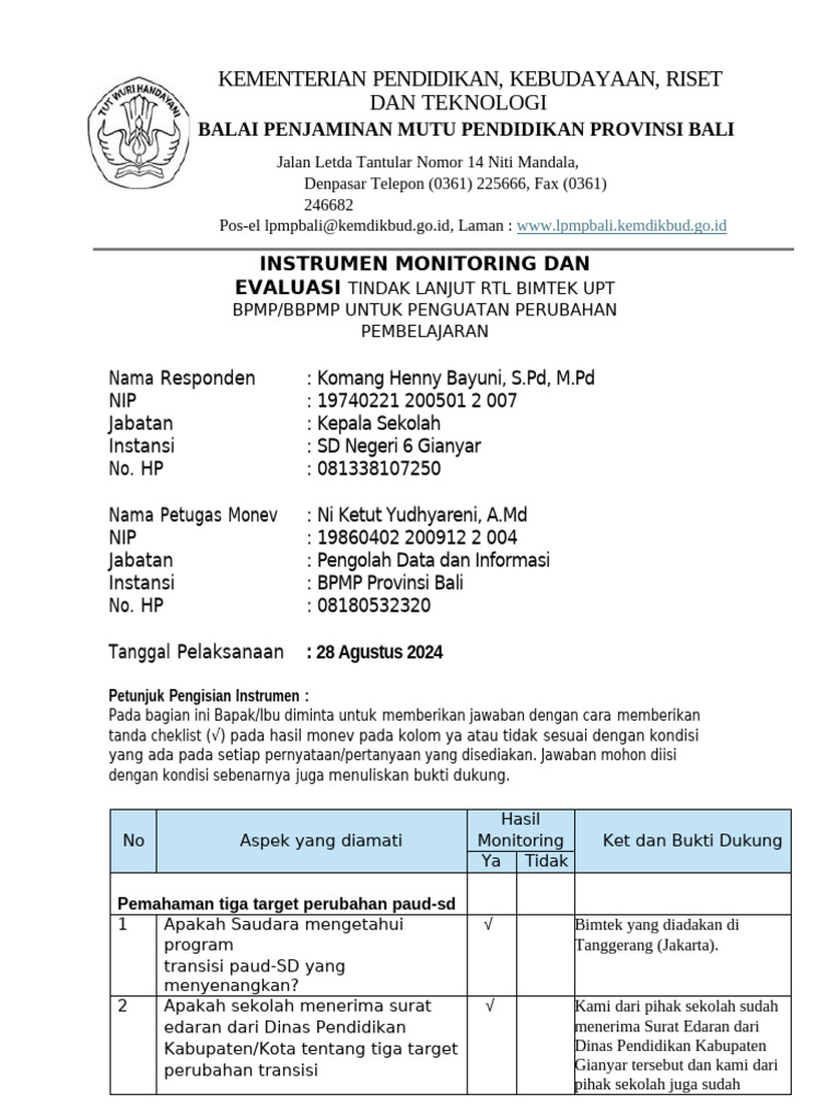 Instrumen Monev Tinjut RTL BPMP - PAUD-SD Eka | PDF