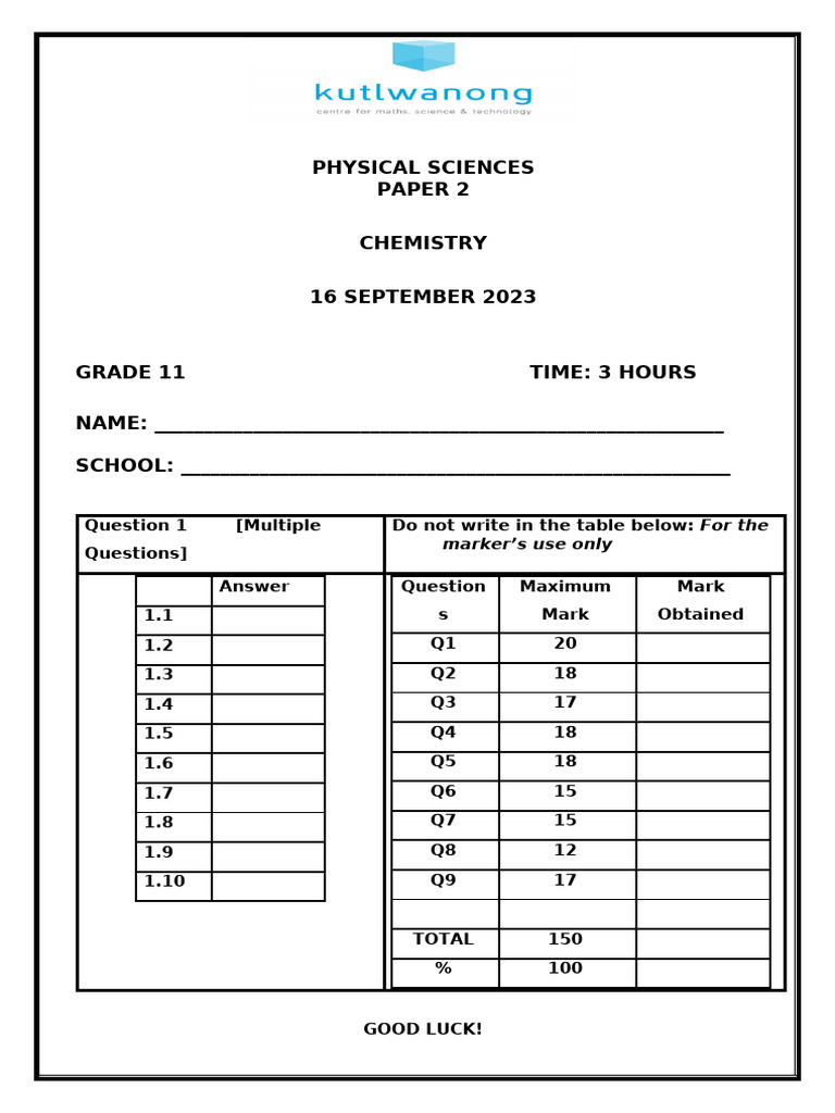 Grade 11 Physical Sciences p2 Exam 16 Sept 2023) Practice | PDF