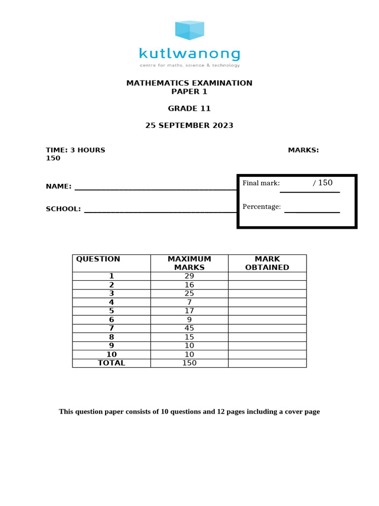 Grade 11 Mathematics Paper 1 (25 Sept 2023) | PDF