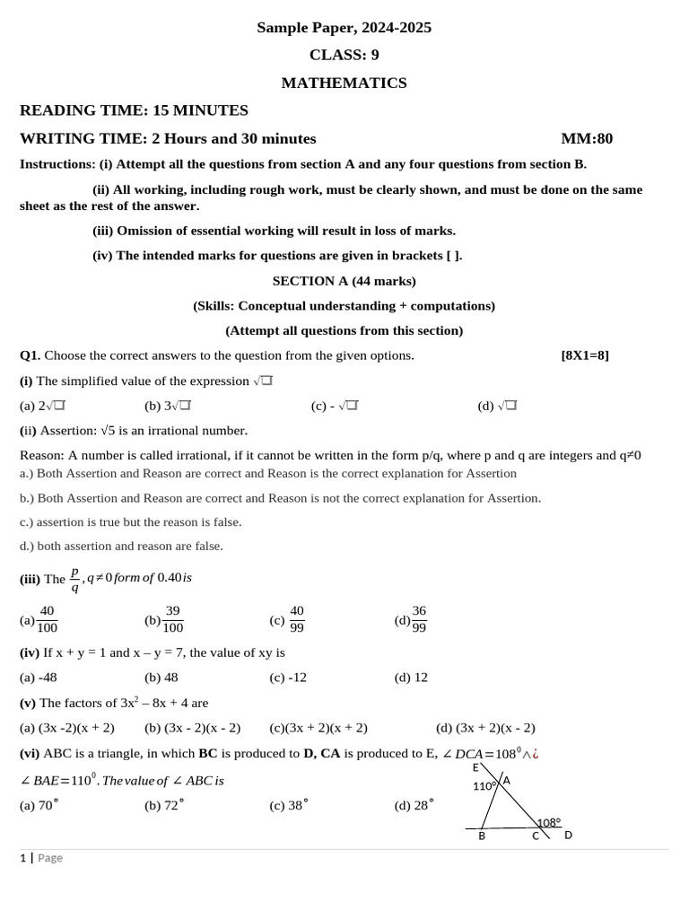 Sample Paper Class 9 2025 | PDF