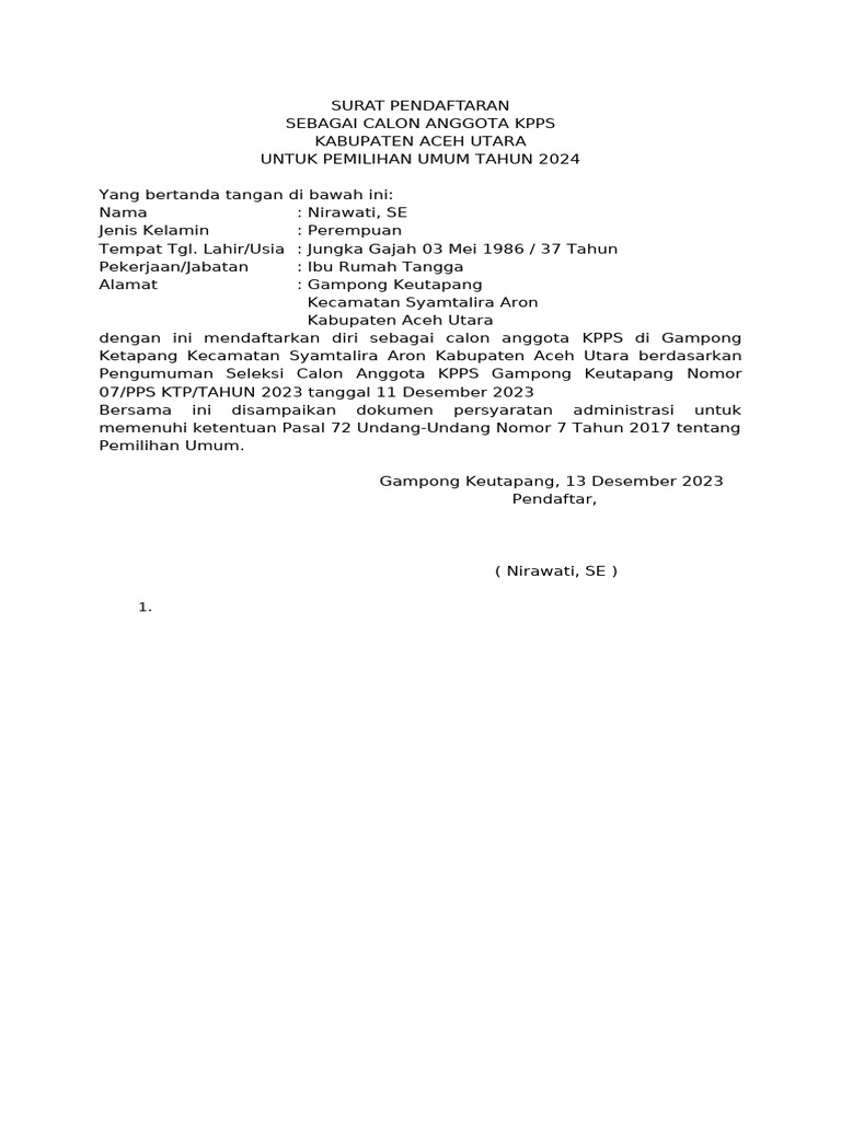 Form Pendaftaran, Pernyataan Dan DRH Calon KPPS | PDF