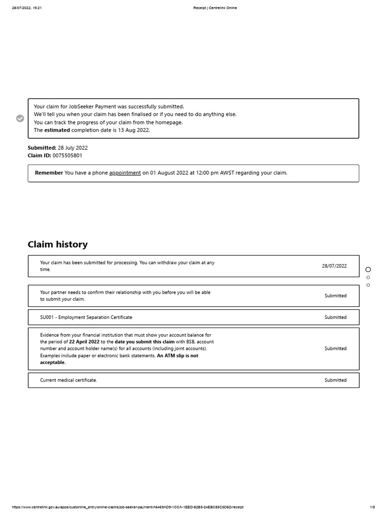 Receipt - Centrelink Online | PDF