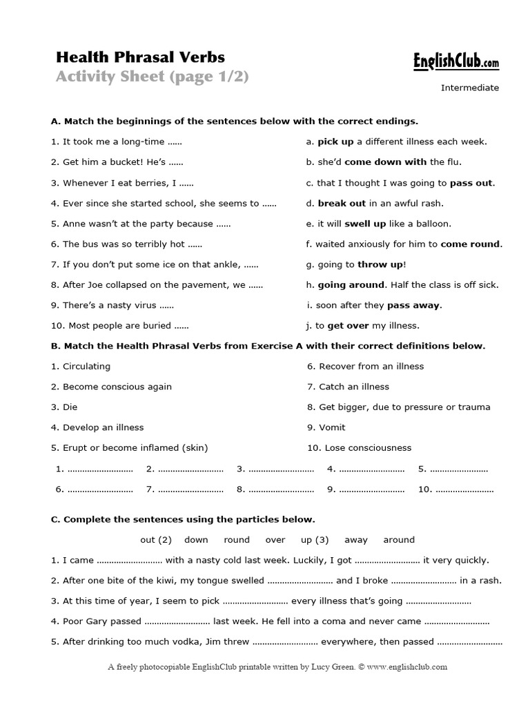 Health Phrasal Verbs Activity | PDF