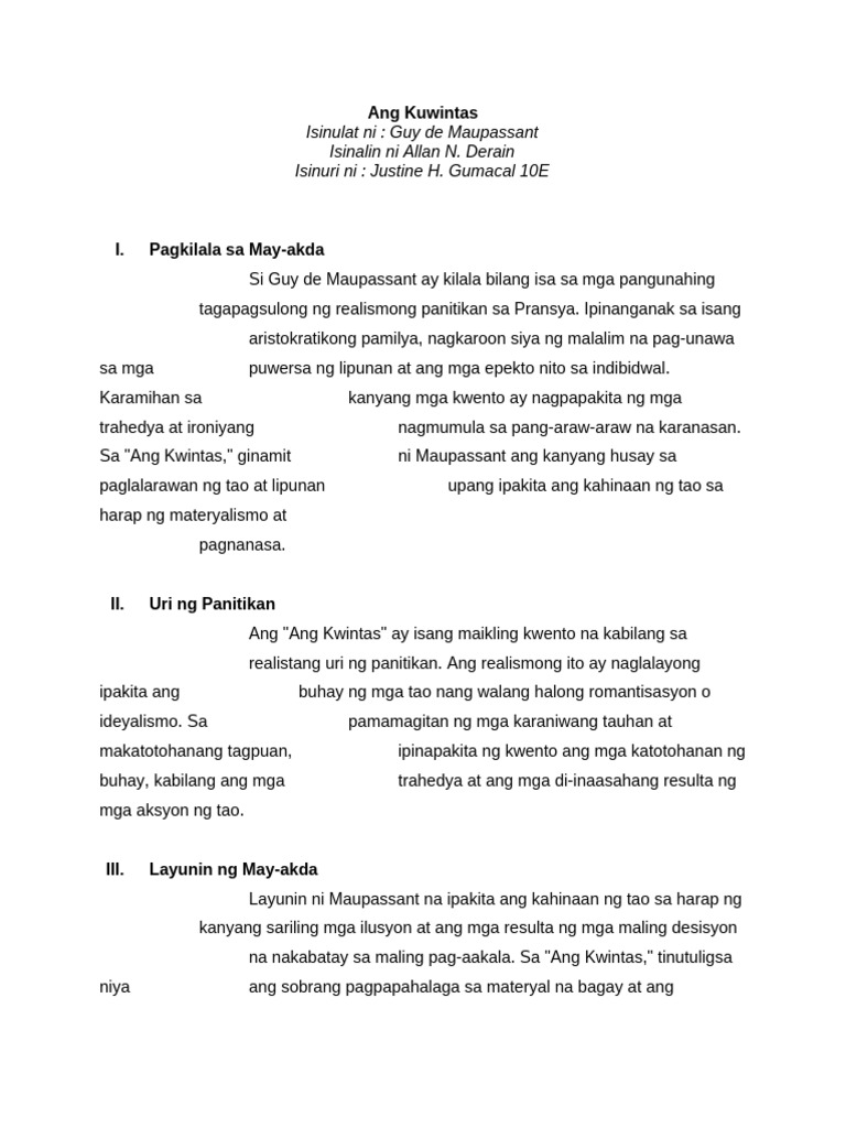 Ang Kuwintas Pagsusuri | PDF