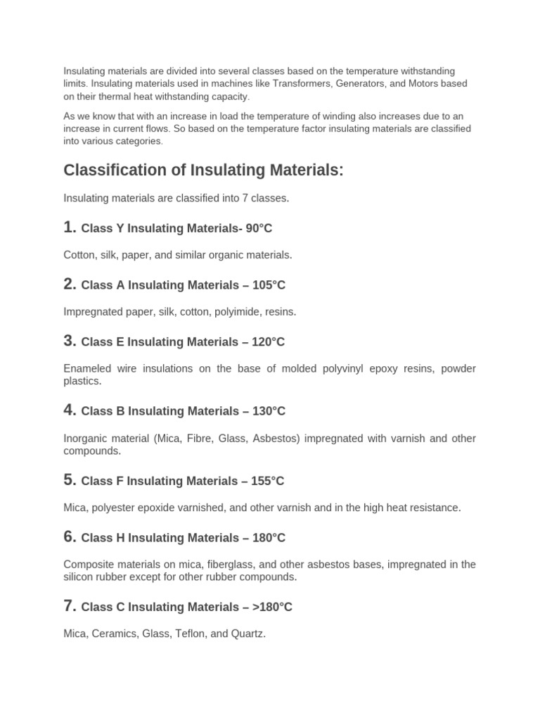 Insulating materials are divided into several classes based on the ...