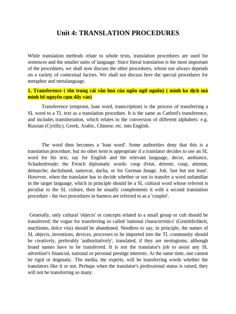Unit 4 - Translation Procedures (Đã Note) | PDF