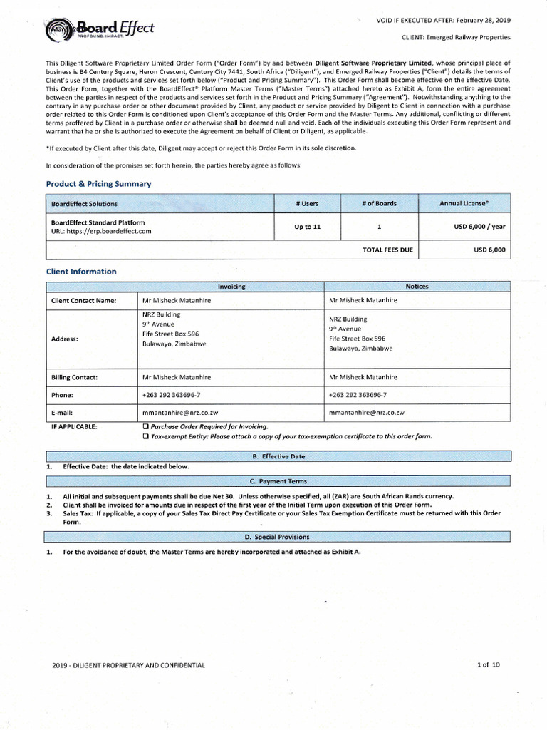 BE Order Form Emerged Railway Properties March2019 Fully Executed | PDF