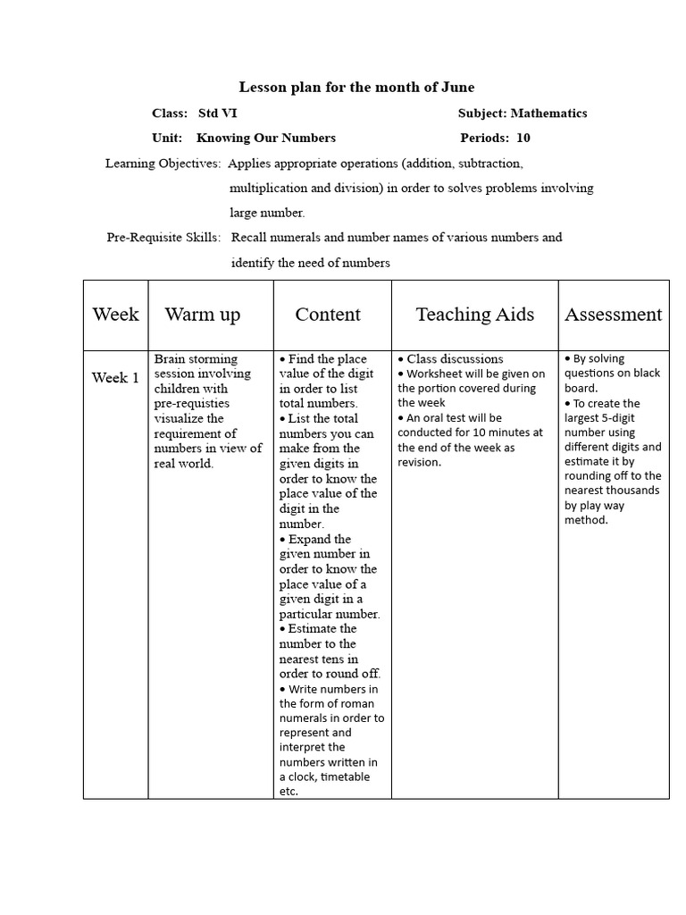 Lesson Plan For Std. VI Maths | PDF | Lesson Plan | Numbers