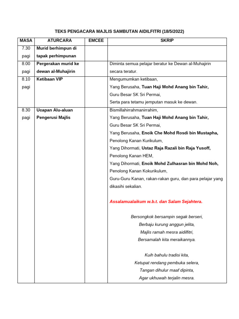 Skrip Emcee Majlis Sambutan Aidilfitri | PDF