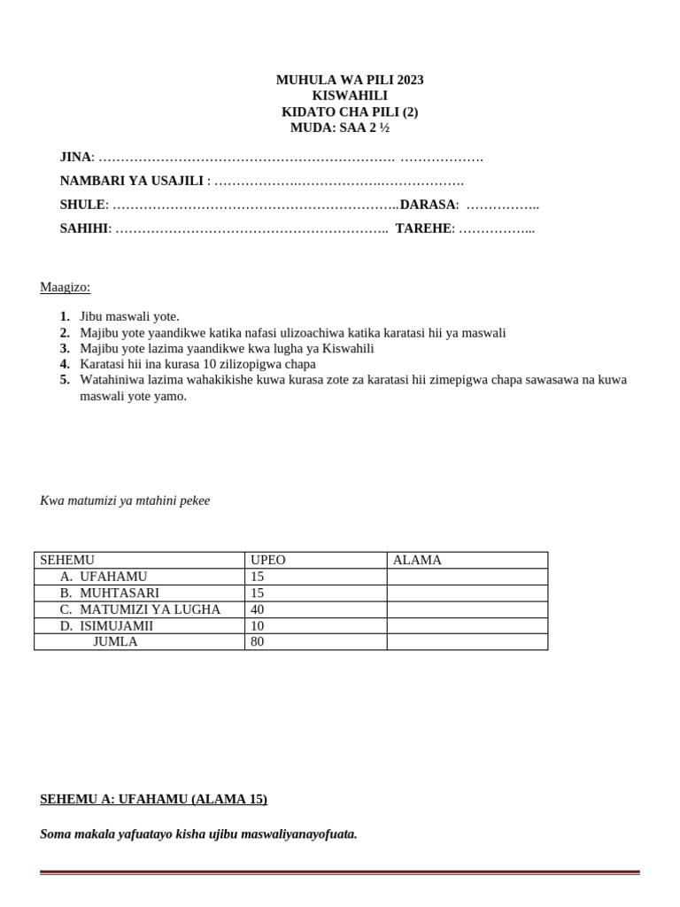 2023 Kiswahili f2 Qs t2 Exam Teacher - Co .Ke | PDF