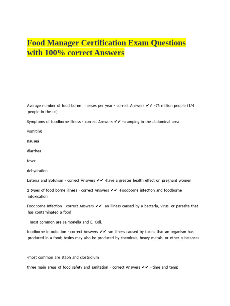 Food Manager Certification Exam Questions With 100% Correct Answers | PDF
