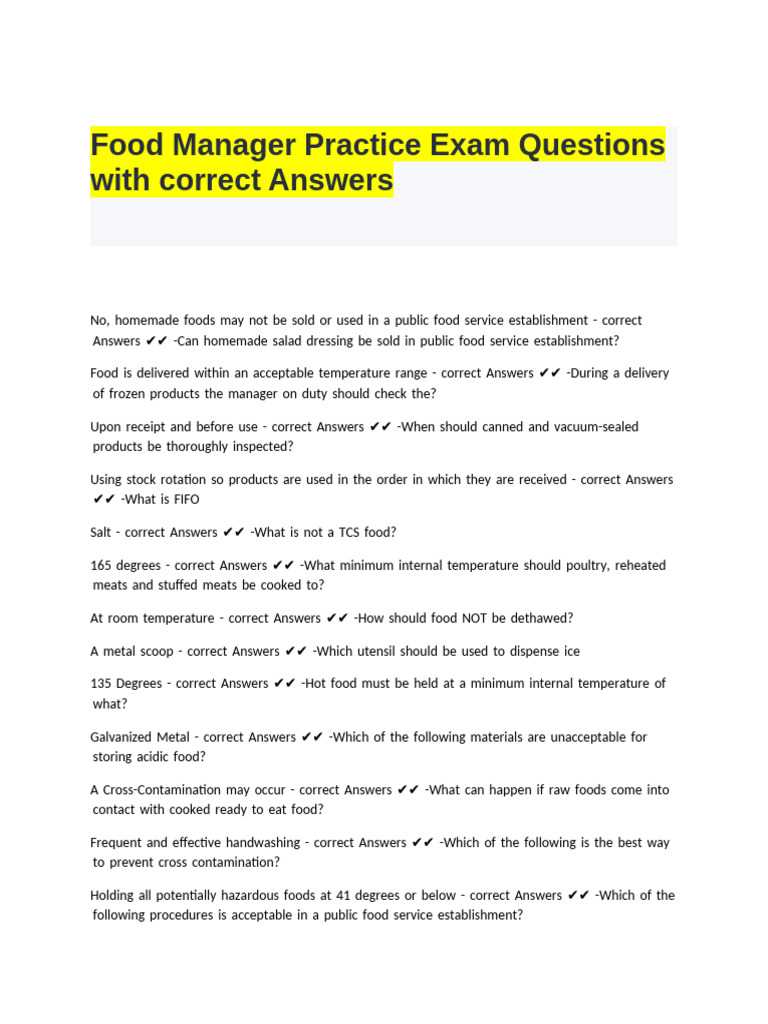 Food Manager Practice Exam Questions With Correct Answers | PDF