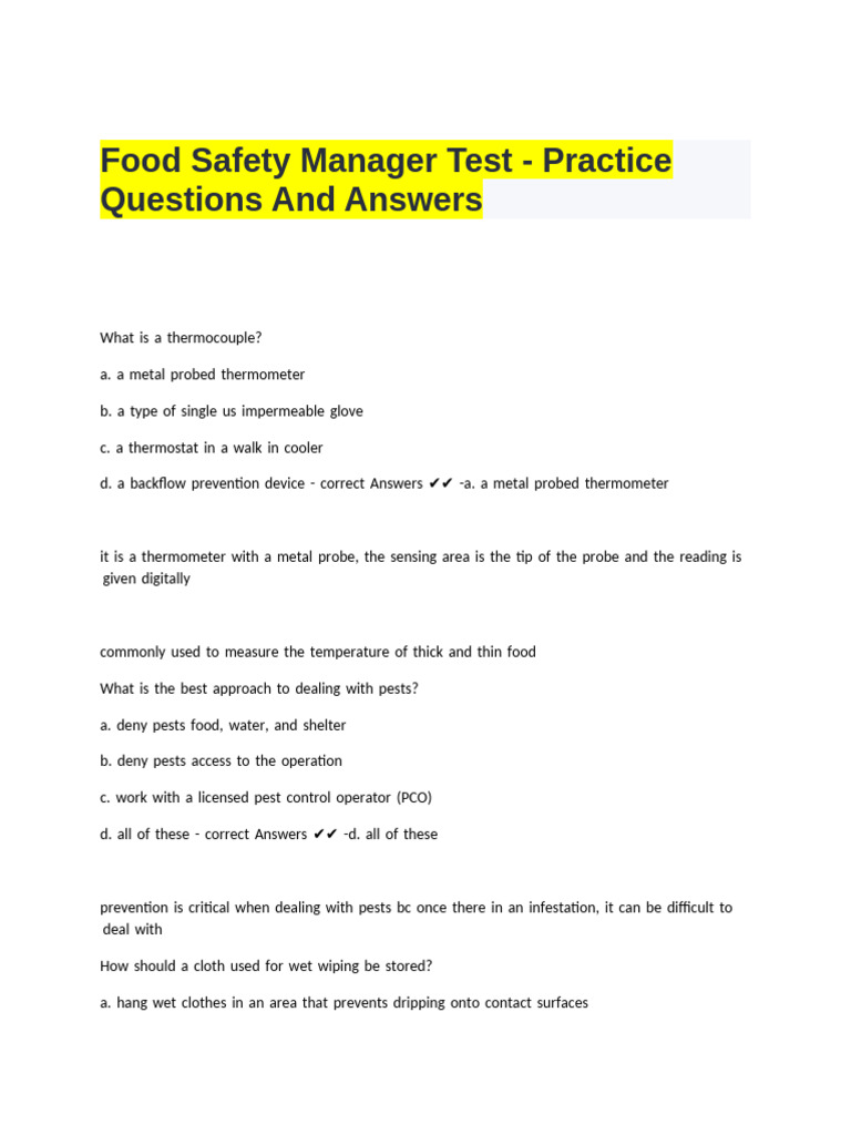 Food Safety Manager Test - Practice Questions and Answers | PDF