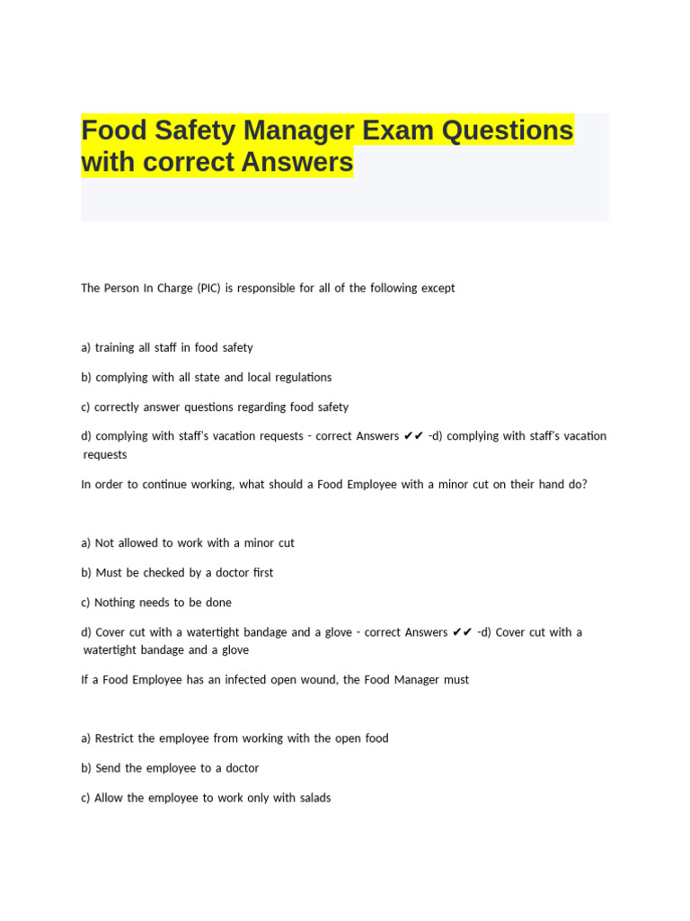 Food Safety Manager Exam Questions With Correct Answers | PDF