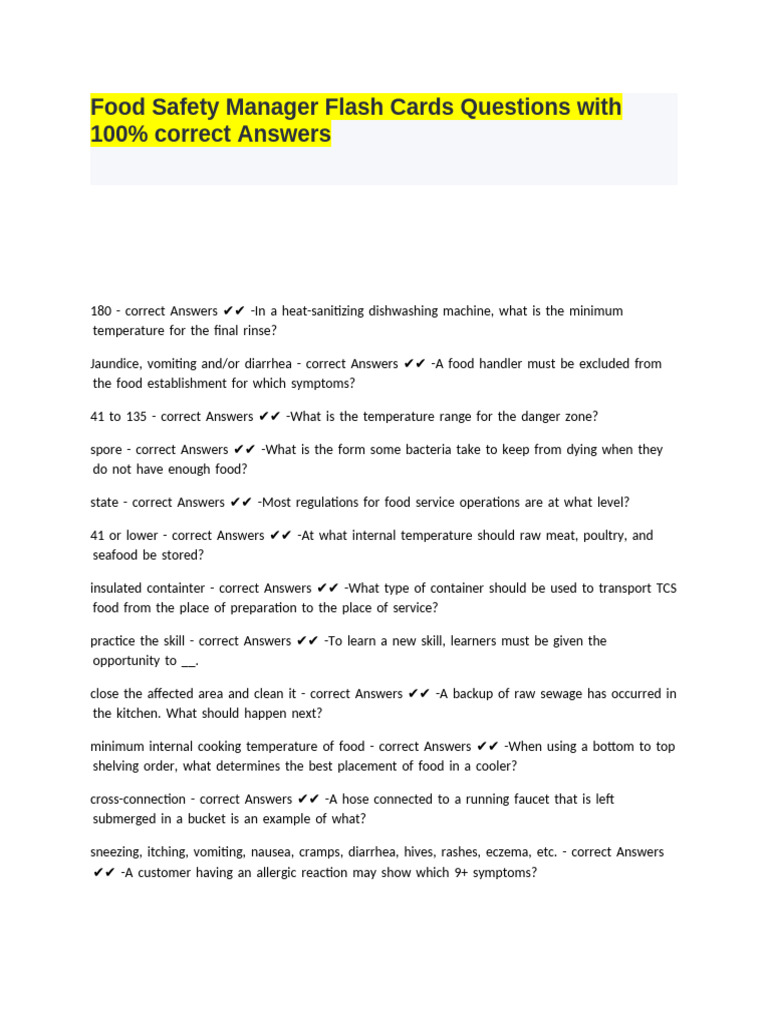 Food Safety Manager Flash Cards Questions With 100% Correct Answers | PDF