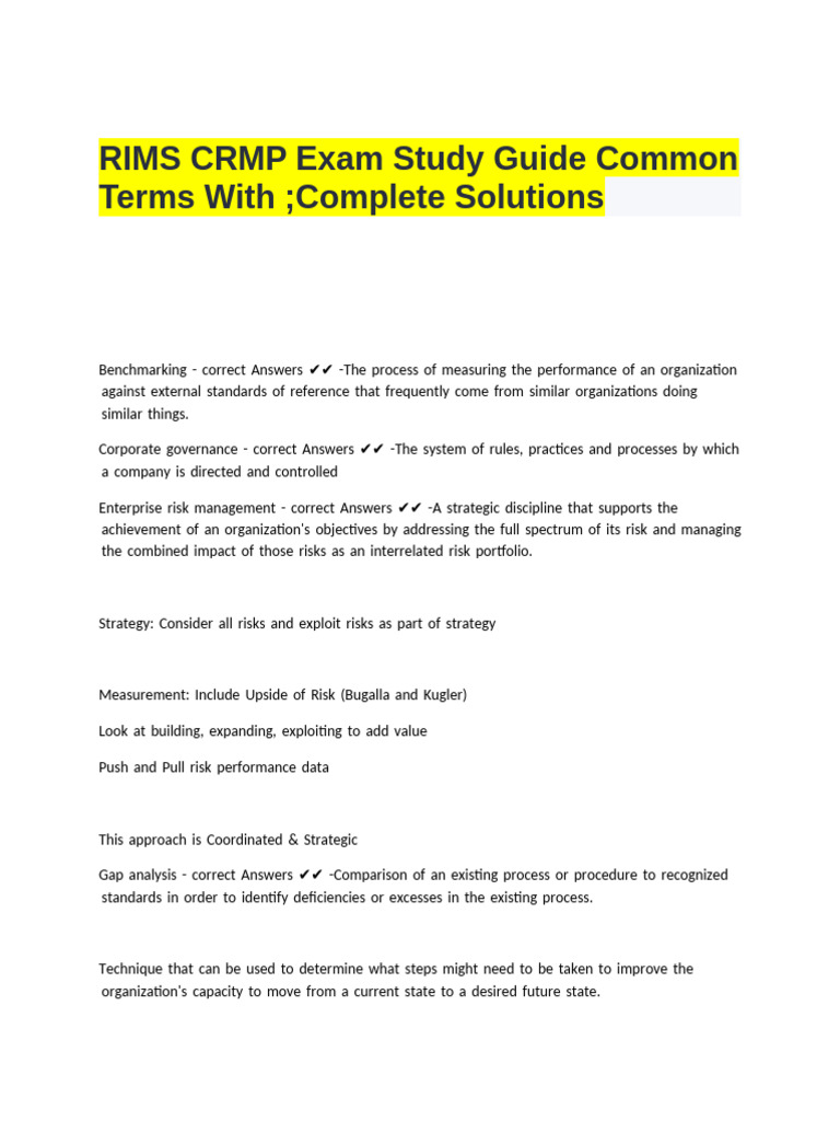 RIMS CRMP Exam Study Guide Common Terms With Complete Solutions | PDF