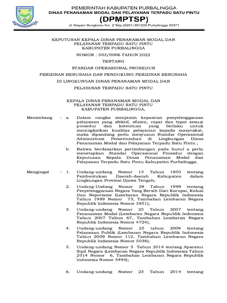 Draft SK Sop DPMPTSP | PDF