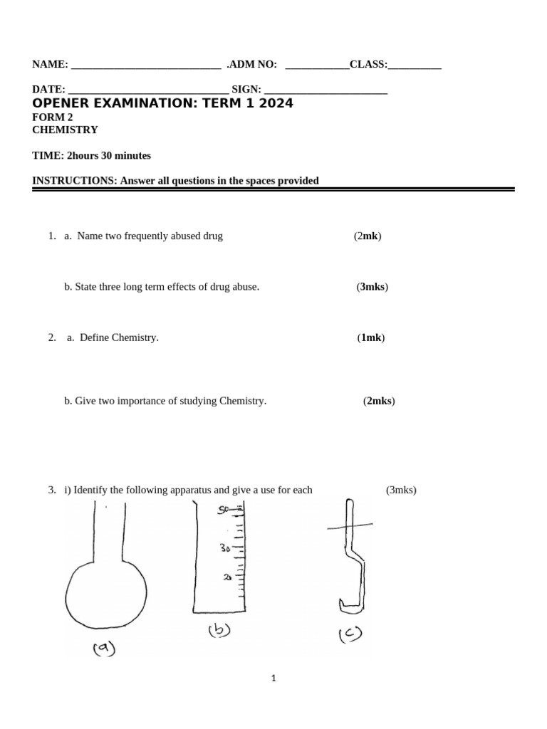 Chemistry F2 Exam Term 1 Qs Teacher - Co .Ke | PDF