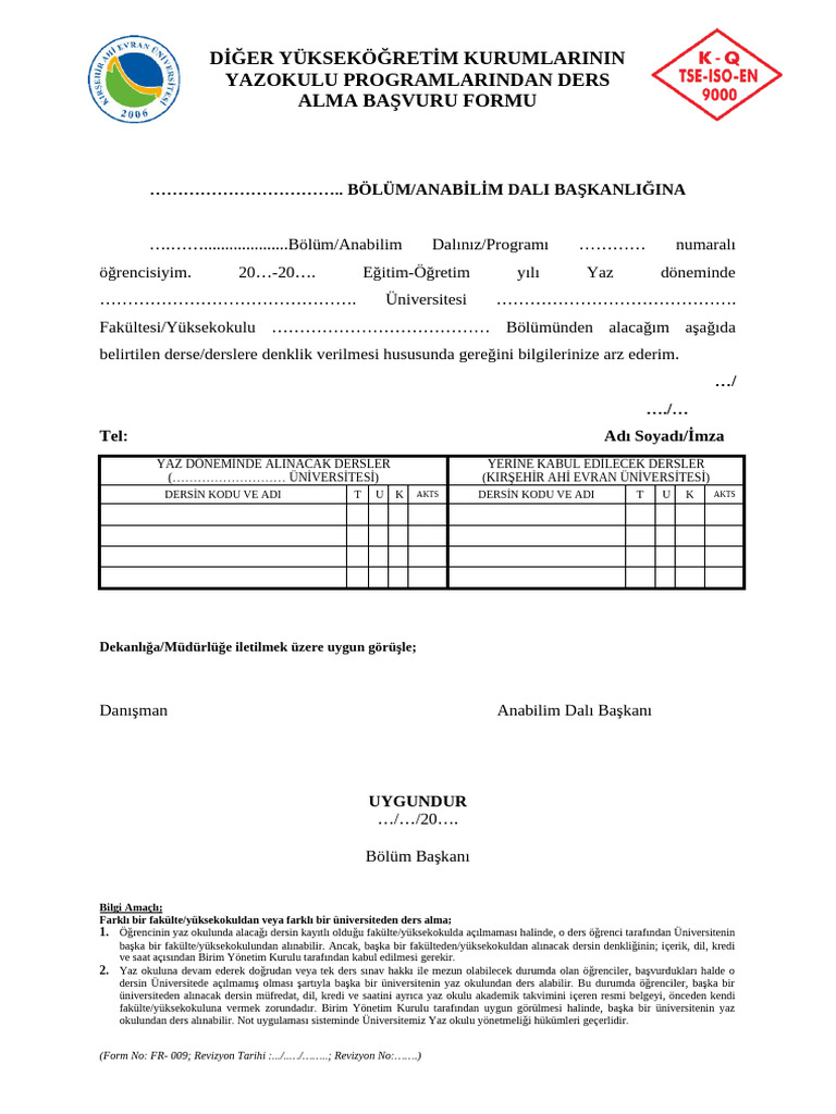 FR-009 Diger Yuksekogretim Kurumlarinin Yazokulu Programlarindan Ders Alma Basvuru Formu | PDF