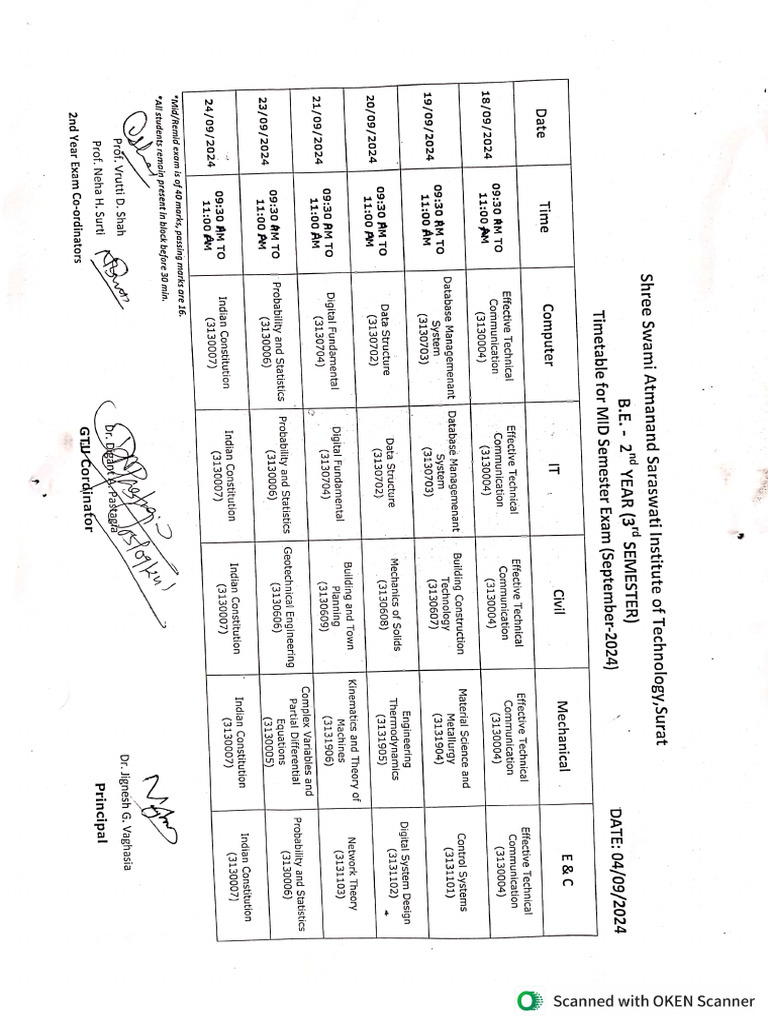 3rd Sem Mid Exam Timetable | PDF