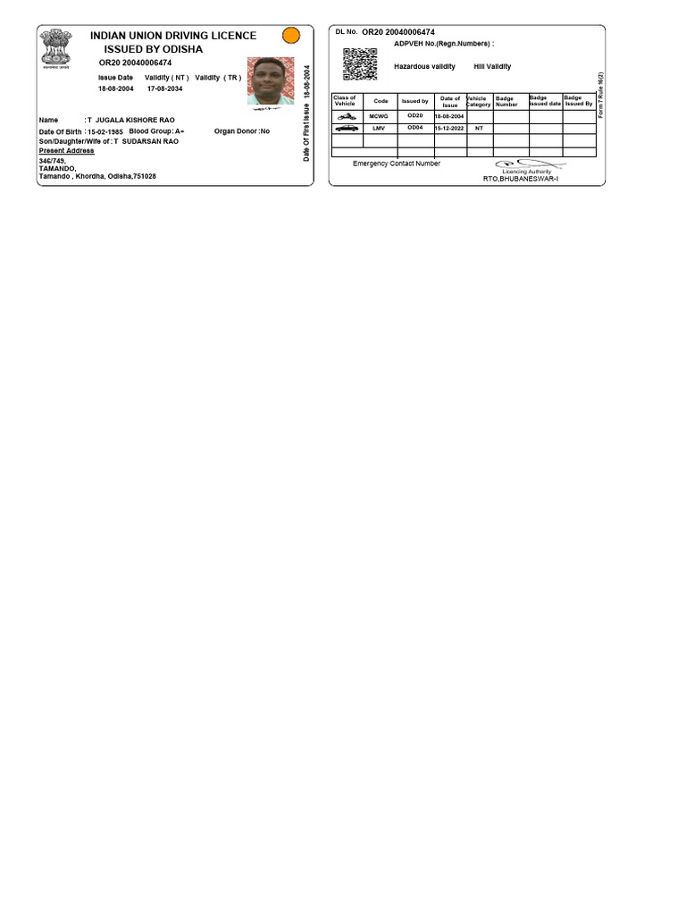 Indian Union Driving Licence Issued by Odisha: Emergency Contact Number ...