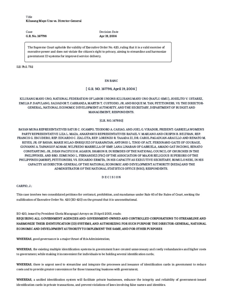 STATCON 5 - G.R. No. 167798 - Kilusang Mayo Uno vs. Director-General | PDF