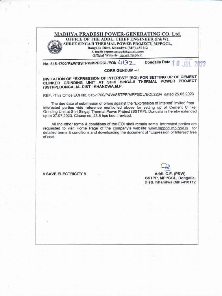 Corrigendum Eoi Document SSTPP MPPGCL Khandwa Extn 2023 | PDF