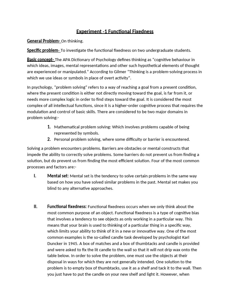 FUNCTIONAL FIXEDNESS - Experiment 1 | PDF
