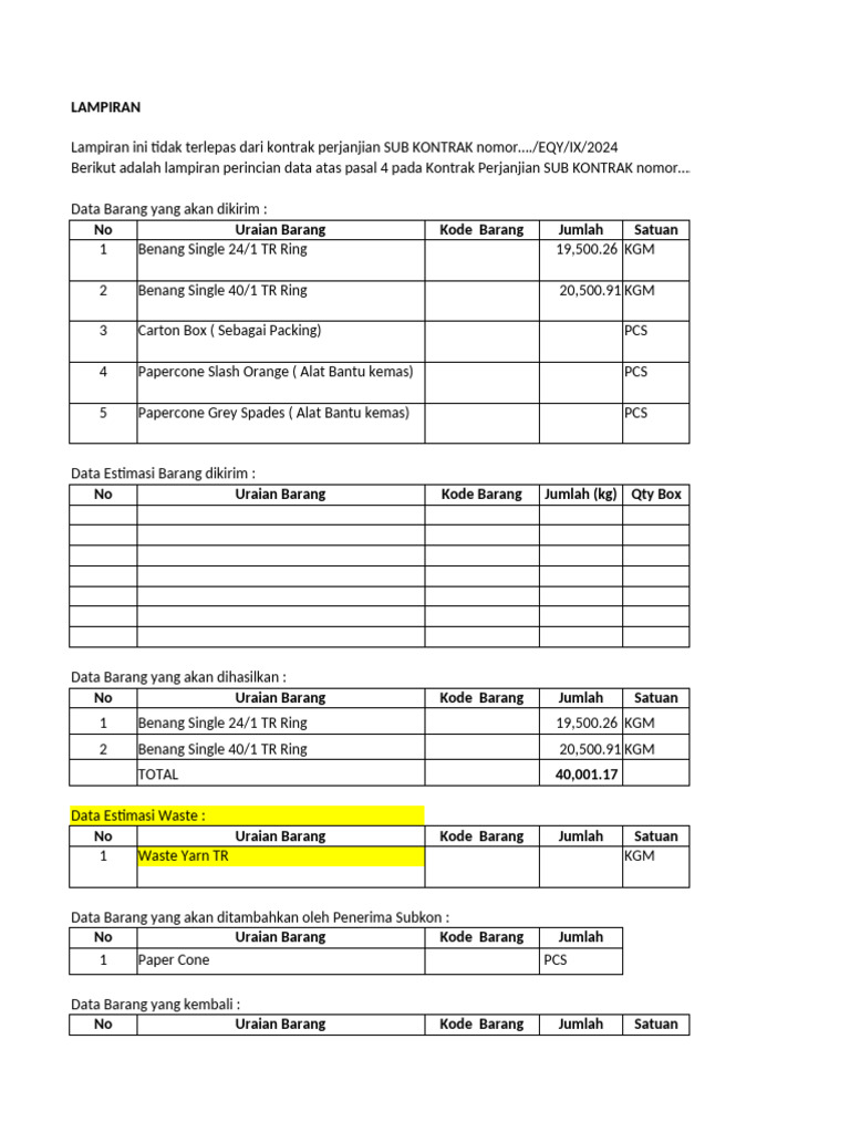 Lampiran Kontrak Perjanjian SUB KONTRAK | PDF