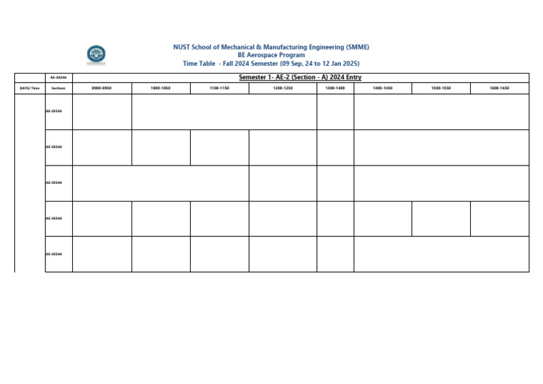 NUST School of Mechanical & Manufacturing Engineering (SMME) BE Aerospace Program Time Table ...