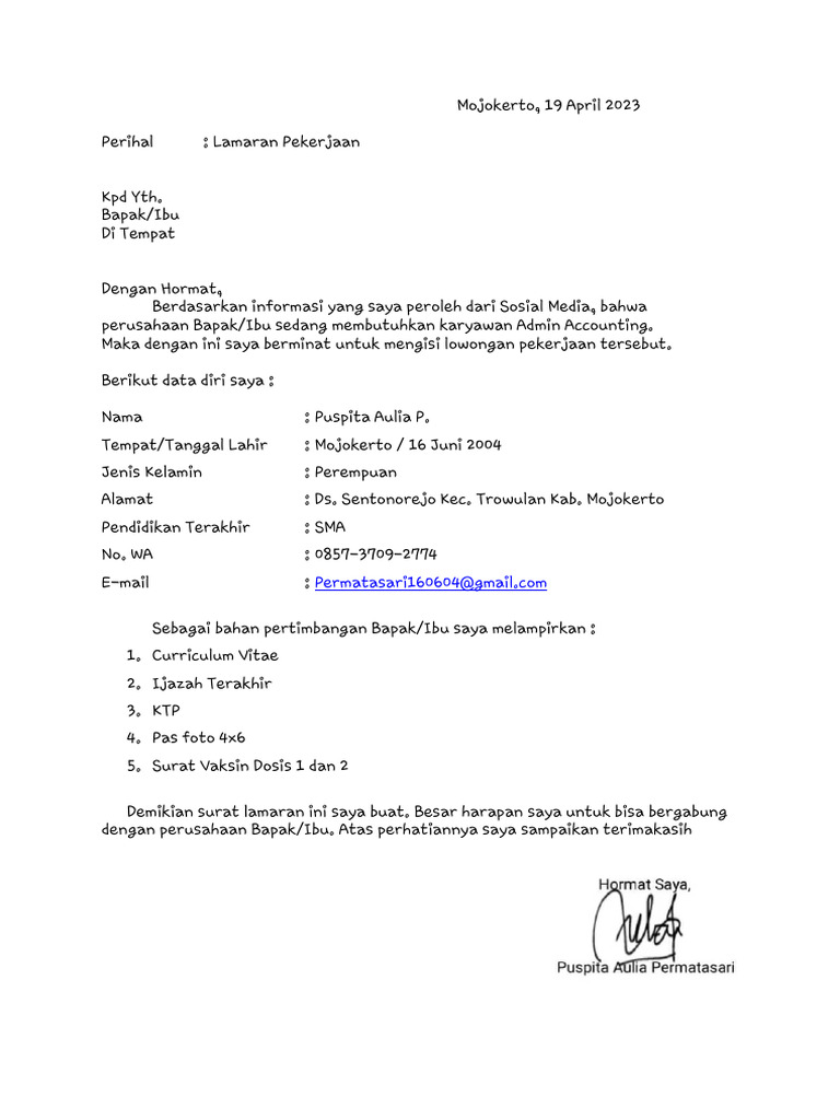 Contoh Surat Lamaran Kerja Admin | PDF