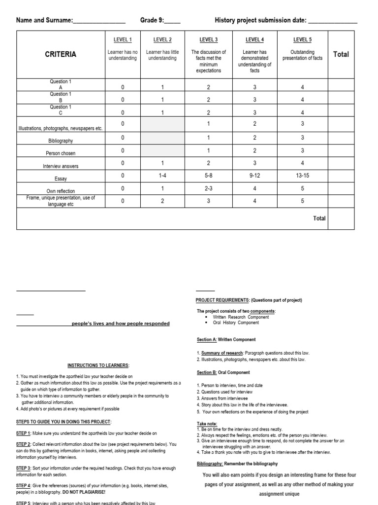 Grade 9 History Project Guide | PDF | Interview | Cognition