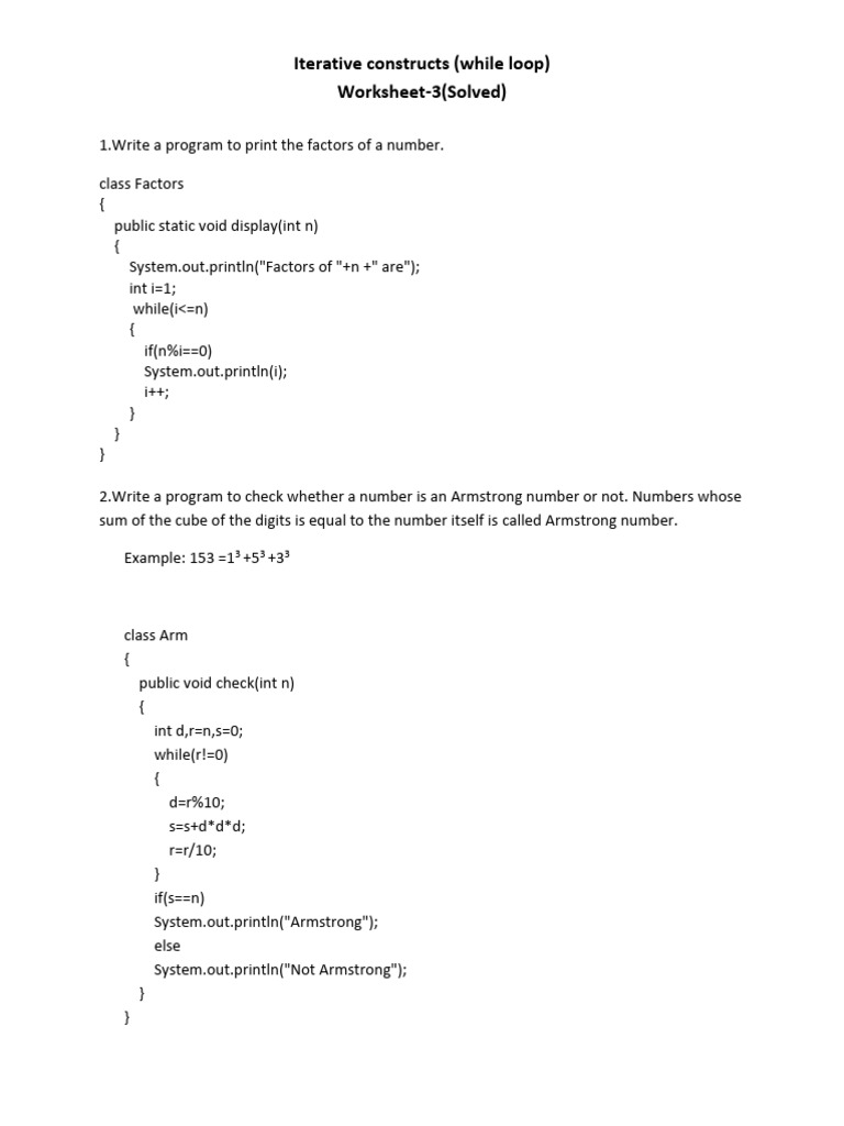 Iterative Constructs (While Loop) Worksheet-3 (Solved) | PDF