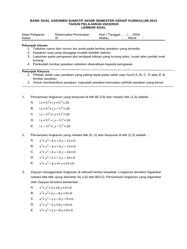 Soal Mat (Peminatan)_ASAS Genap 2024_Kls XI_K13 | PDF