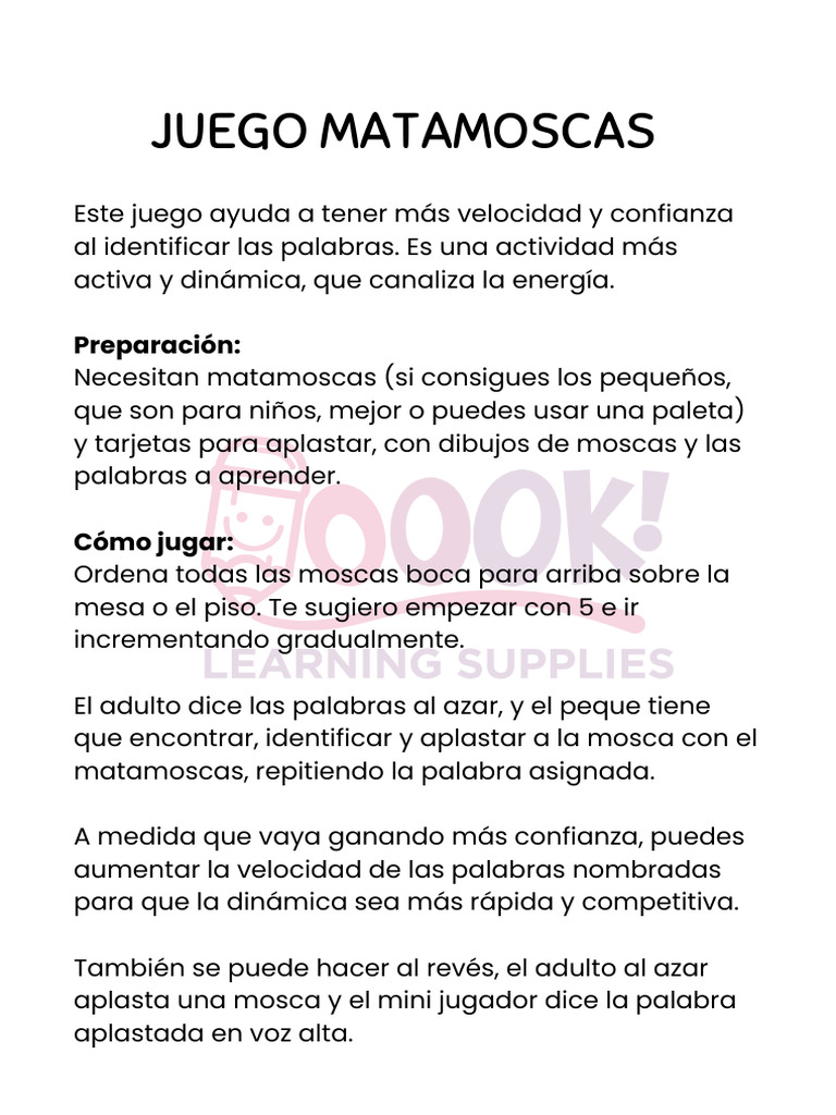 Juego Matamoscas OOOK LEARNING SUPPLIES Freebie | PDF