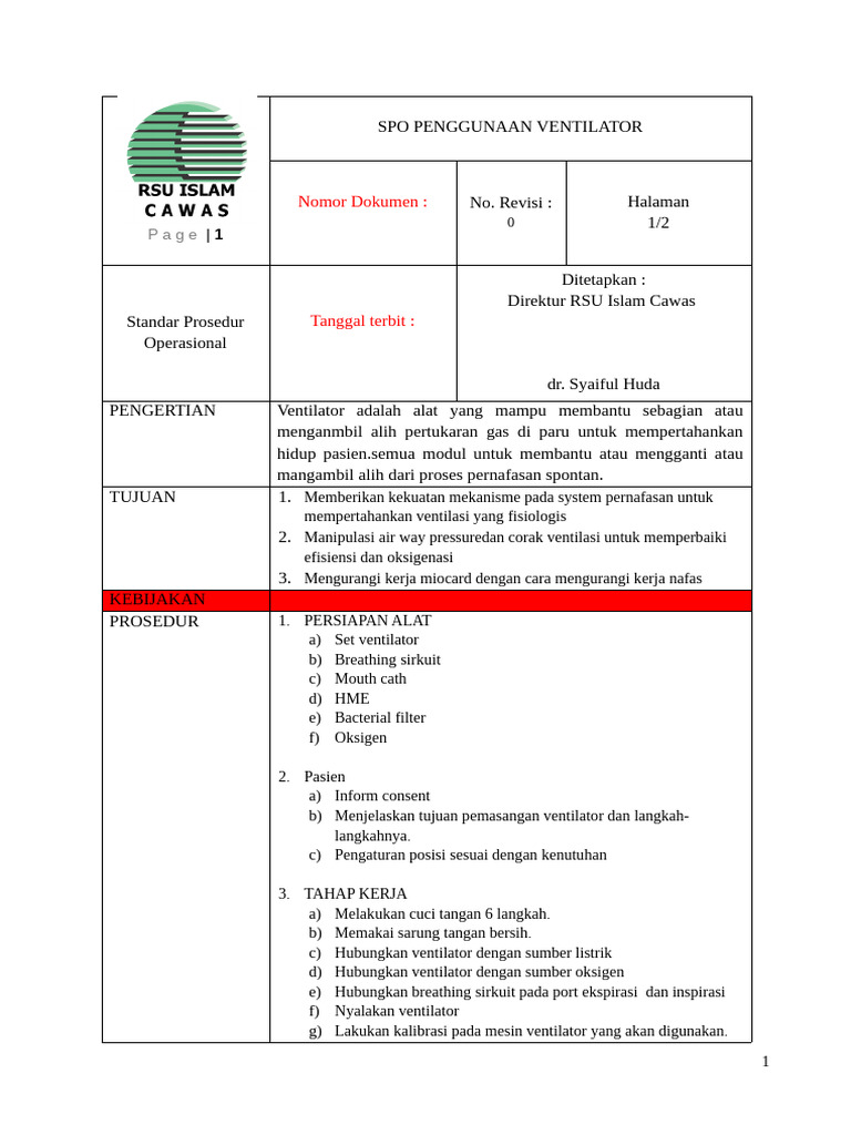 Spo Penggunaan Ventilator | PDF