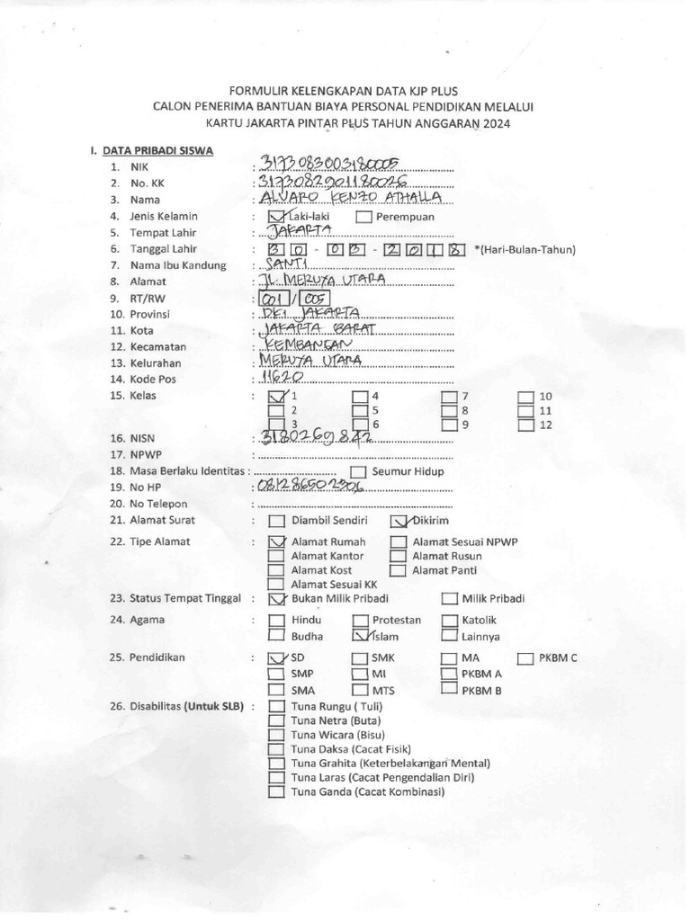 Formulir Kelengkapan Data KJP | PDF