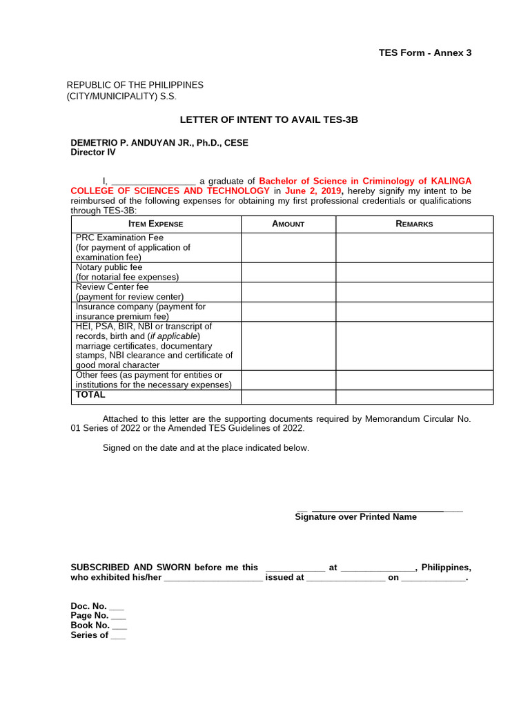 Annex 3 Letter of Availment For TES 3B - Updated 1 | PDF | Social ...
