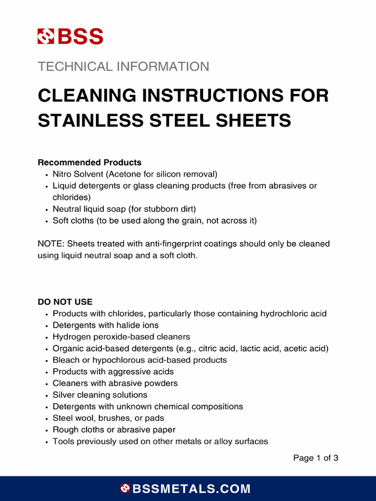 Cleaning Guide For Decorative Stainless Steel Sheets - BSS METALS | PDF