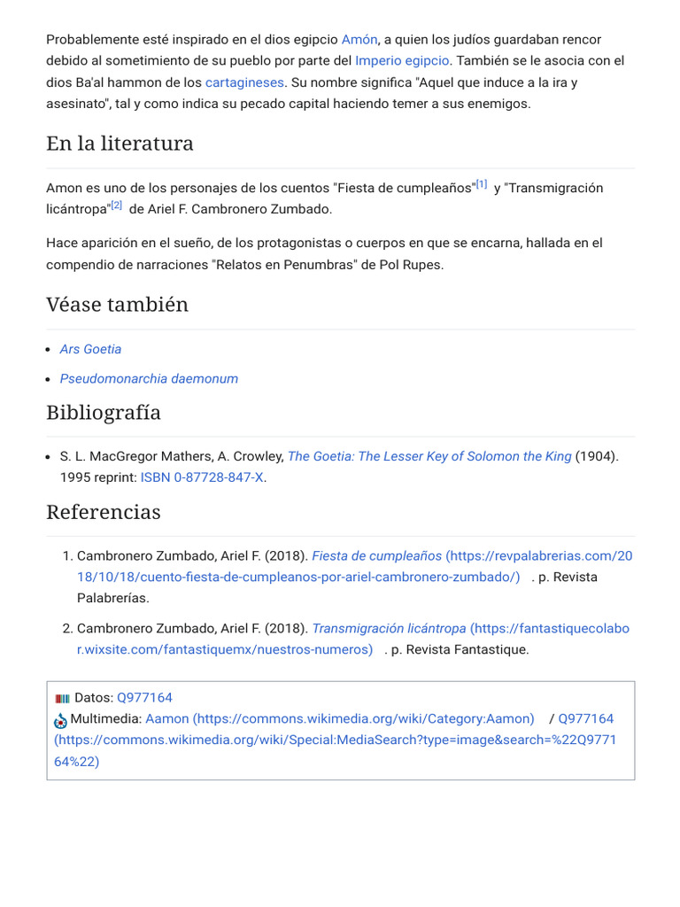 Amon (Demonio) - Wikipedia, La Enciclopedia Libre | PDF