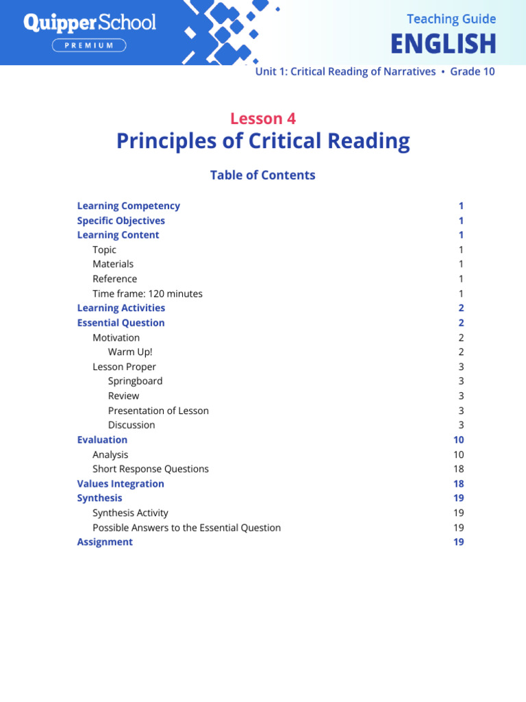 PDF TG - English 10 - Unit 1 - Lesson 4 - Principles of Critical Reading | PDF | Narrative ...