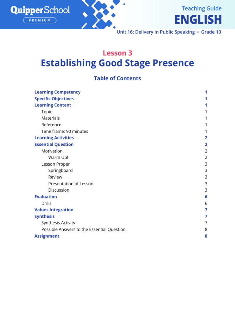 PDF TG - English 10 - Unit 16 - Lesson 3 - Establishing Good Stage ...