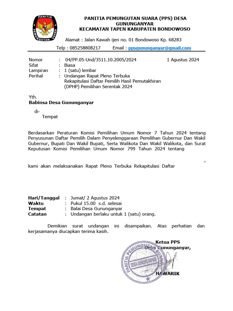 03 Draft Undangan Pleno DPHP PPS | PDF