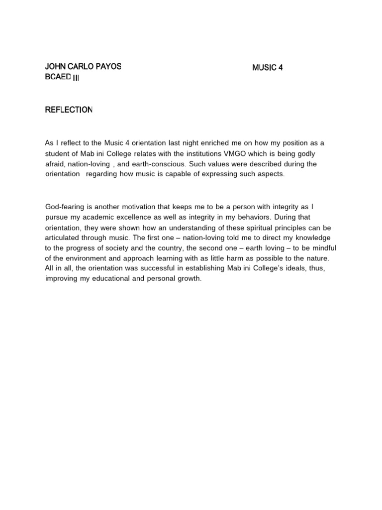 Reflection Music VMGO Mabini Colleges | PDF