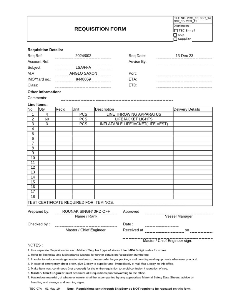 TEC-07A Requisition Form Anglo | PDF